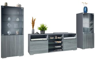 Vladon Wohnwand Granada, Anbauwand bestehend aus 2 Vitrinen und 1 TV-Board, Anthrazit matt/Avola-Anthrazit (286 x 122,5 x 35 cm)
