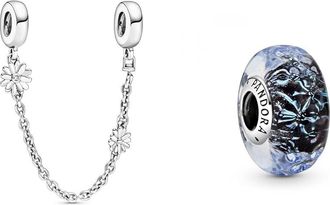Pandora Sicherheitskette Gänseblümchen 5cm 798764C01 & Welliges dunkelblaues Ozean Murano-Glas Charm