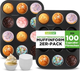 Nutrichef NutriChef Muffinpfannen zum Backen, 2er-Pack | 12-Tassen Antihaft-Cupcake-Formen | Kohlenstoffstahl stapelbare Cupcake-Tabletts | Spülmaschinen- und o