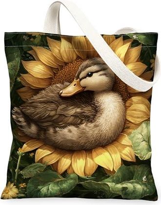 Generic Sac fourre-tout en toile de volaille de canard printanier pour le shopping, 33 x 38,1 cm, motif animal feuille de tournesol, sac d&eacute;picerie r&eacute;utilisabl