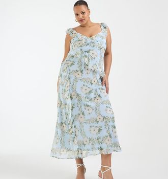 New Look Plus New Look Curve - Chiffon-Midikleid in Blau mit Blumenmuster und R&uuml;schen