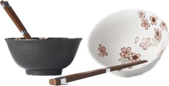 Generic MIJ Europe Sch&uuml;ssel-Set,Keramik Japanische Ess Service,Kirschbl&uuml;te Muster, 15 cm Durchmesser, 400 ml, 4 - Teilige Sch&uuml;ssel-Set, 2 Paare Essst&auml;bchen, 1