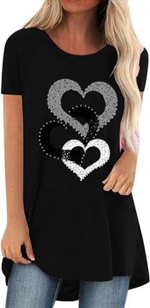 Generic T-shirt décontracté pour femme avec chaîne et imprimé amour - Grande taille - Col rond - Manches courtes, Noir, XXL