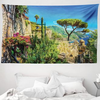 Abakuhaus Landschaft Wandteppich und Tagesdecke, Dorf Bäume Blüten aus Weiches Mikrofaser Stoff Waschbar ohne Verblassen Digitaldruck, 230 x 140 cm, Himmelblau 