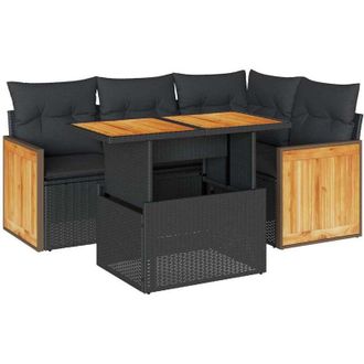vidaXL 5tlg. Garten-Sofagarnitur mit Kissen Schwarz Poly Rattan Akazie vidaXL