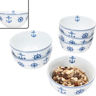 MamboCat AHOI 6er Set Müslischale 13,9cm I 400ml I blau-weiße Porzellan-Schüssel mit nautischen Motiven für 6 Personen I Schälchen für Salat, Suppe, Müsli, Chi