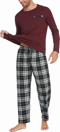 Ekouaer Pyjama Long en Coton pour Homme, Ensemble de vêtements de Nuit à col Rond, Chemise à Manches Longues et Pantalon de Pyjama Deux pièces avec Poche Roug
