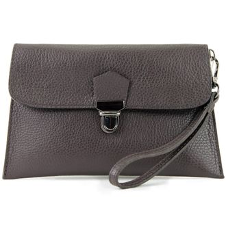 modamoda.de T190 Damen Leder Clutch Handgelenktasche Schultertasche mit Kette handmade in Italy, Farbe:Dark Chocolate