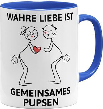 OM3 witzige Liebestasse Kaffee-Tasse mit Spruch - wahre Liebe ist gemeinsames Pupsen - Valentinstag - Partnertasse | Keramik Becher | 325ml | Beidseitig B