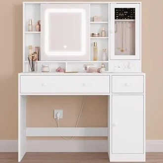 Woltu Coiffeuse avec Miroir LED Réglable, Prise de Courant, Table de Maquillage avec Placard de Bijoux, Grands Tiroirs, Étagères de Rangement, 108x40 cm, Bl