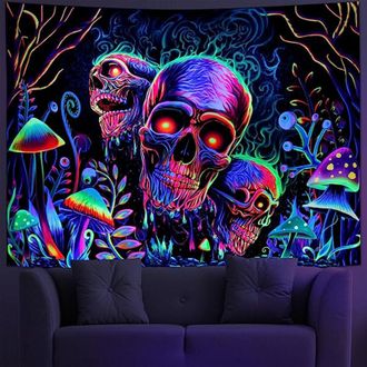 Brrnoo Schwarzlicht Totenkopf Wandteppich, UV reaktiver Totenkopf Wandteppich, Dekorativer, Farbenfroher, Geheimnisvoller, Handgefertigter Schwarzlicht Wandt