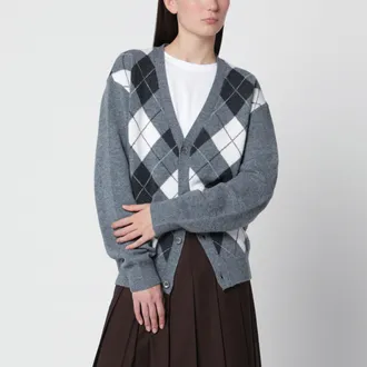 Dunst Grauer Cardigan aus Wolle mit Rautenmuster