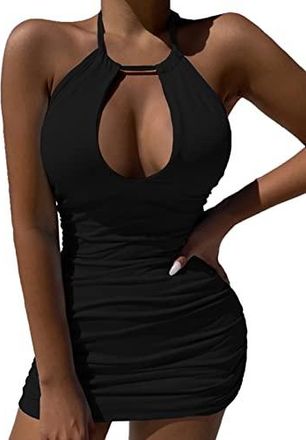 Feoya Jupe de Soirée Cocktail Club Casual Chic Éte Taille Haute Col V Profond à Fines Brides Courte avec Plis Noir 3XL