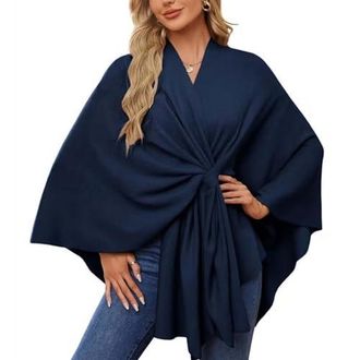 Generic Poncho élégant doux ouvert sur le devant, poncho chaud en tricot croisé sur le devant pour voyage et bureau, bleu marine, Taille unique