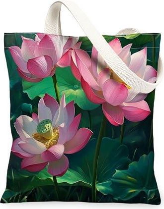 Generic Sac fourre-tout en toile motif lotus printanier 33 x 38,1 cm, sac d&eacute;picerie r&eacute;utilisable pour femme, peinture de voyage florale, d&eacute;coration cadeau