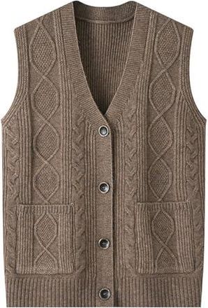 Generic Gilet en tricot pour femme avec col en V uni boutonn&eacute; sans manches, l&eacute;ger, ouvert sur le devant, gilet en tricot torsad&eacute; pour homme, caf&eacute;, XXL