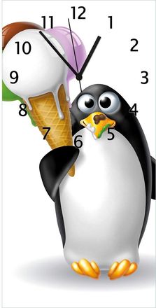 Wallario Design-Wanduhr, Acrylglasuhr Größe 30 x 60 cm, Schwarze Zeiger, Motiv Süßer EIS Pinguin