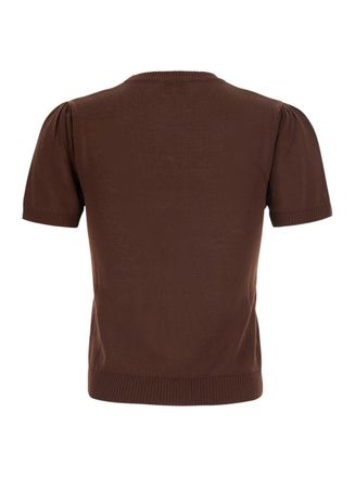 Ganni Womens Short-Sleeved Argyle Sweater - Brown Cotton Tops Top
