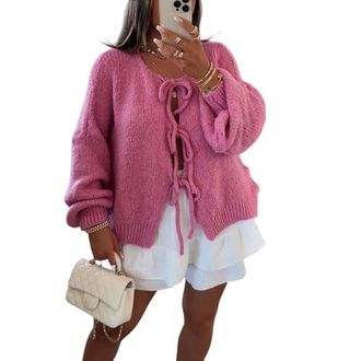 Generic Cardigan court surdimensionn&eacute; avec noeud papillon sur le devant pour femme, chandail surdimensionn&eacute; &agrave; manches bouffantes, haut ouvert dautomne, rose, 