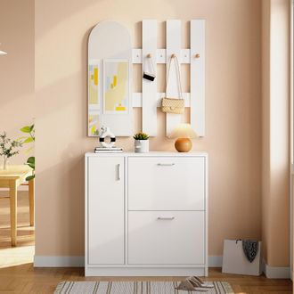Generic Garderobenset mit Schuhschrank und Spiegel, Flur M&ouml;bel Set mit Klappt&uuml;r, Wandgarderobe mit Ablage und Haken, Platzsparende Flurm&ouml;bel, Wei&szlig; Modern