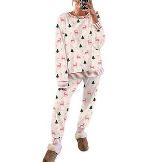Generic Ensemble de pyjama motif sapins de Noël et noeuds, imprimé à manches longues pour femme, pyjama de Noël, Rouge, XXL