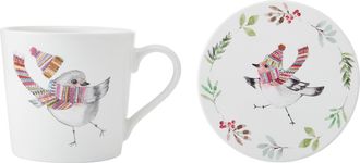 Mikasa TipperleyHill Set mit Tasse und Untersetzer aus Keramik, Motiv Rotkehlchen, 380 ml, in Geschenkbox