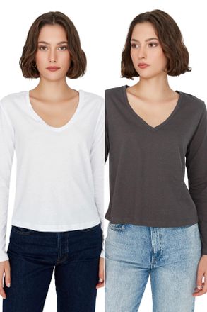 Trendyol Trendyol Damen Basic Regular Standard V Neck Knit T-Shirt Hemd, Anthrazit-Weiß, M