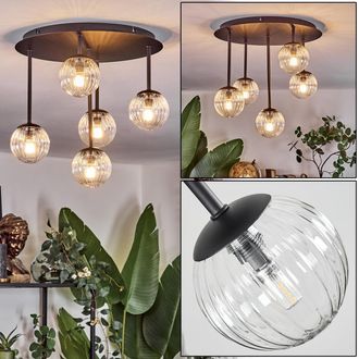 HOFSTEIN Deckenleuchte Chehalis, 5-flammige Deckenlampe aus Metall/Riffelglas in Schwarz/Klar, moderne Leuchte im Retro/Vintage-Design (Schirme &Oslash; 10 cm), G9, E