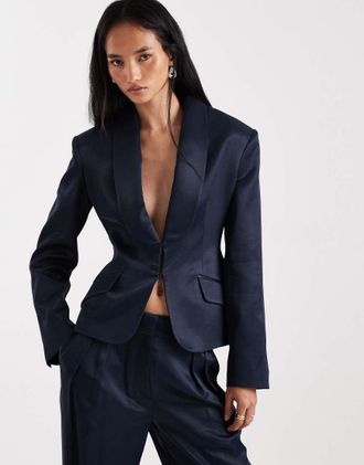 Asos Blazer densemble habill&eacute; sculpt&eacute; style tailleur en satin - Bleu marine-Blanc