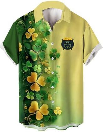 Generic DENGJIAMY Chemise boutonn&eacute;e pour homme avec chapeau vert coeur bi&egrave;re tr&egrave;fle &agrave; manches courtes hawa&iuml;en, jaune, 4XL