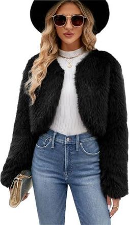 ZhuiKun Bol&eacute;ro &agrave; Manches Longues pour Femme Veste courte &agrave; devant ouvert Sans Col Manteau en Fausse Fourrure - Noir, XL