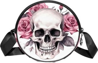 Generic Petit sac &agrave; bandouli&egrave;re circulaire pour femme, motif cr&acirc;nes, fleurs, petit sac &agrave; bandouli&egrave;re avec fermeture &eacute;clair, bretelles r&eacute;glables, sac &agrave; main ro