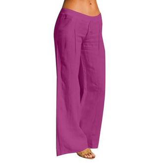 Generic Pantalon en lin pour femme - Pantalon long d&eacute;contract&eacute; - Jambe droite - Pantalon en lin - Pantalon Palazzo - Taille &eacute;lastique - D&eacute;contract&eacute; - Couleur 