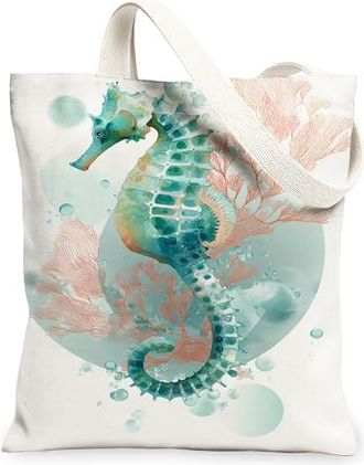 Generic Sacs fourre-tout en toile motif hippocampes oc&eacute;aniques, sacs d&eacute;picerie r&eacute;utilisables, l&eacute;gers et lavables, blanc, 13x15 Inch