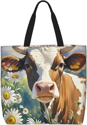 Generic Vache &Agrave; LAquarelle Et Marguerite Sac &Agrave; Bandouli&egrave;re Pliable Tote Bag Imperm&eacute;able Sac A Main Femmes Pour Travail Shopping Voyage