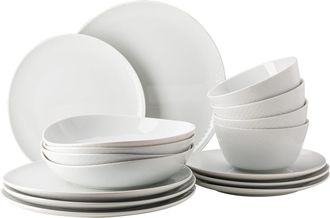 Rosenthal Junto White Set 16-tlg., Porzellan, Weiß, Flache Teller, Speiseteller Ø 22 cm, Tiefe Teller Ø 21,5 cm und Müslischalen Ø 14 cm, 0,62 l, Spülmaschinen-