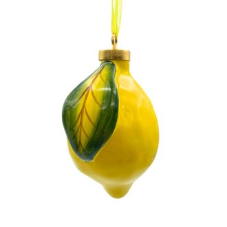 Divina Divina Italian Design Weihnachtskugel aus Keramik, Weihnachtsdekoration, Gelb mit gr&uuml;nem Blatt, Zitronendesign, handgefertigt, gl&auml;nzend, 6 x 8,5 cm - 