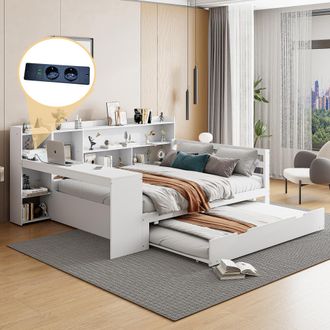 Generic Massivholz Schlafsofa mit Ausziehbett Steckdosen und Viel Stauraum Integrierte Regale und Ablagen Multifunktionales Doppelbett ideal für Wohn