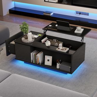 Generic Höhenverstellbarer Couchtisch mit verstecktem Stauraum und LED-Lichtstreifen, Sofatisch mit seitlicher Schublade und halboffener Ablagefläche, für Woh