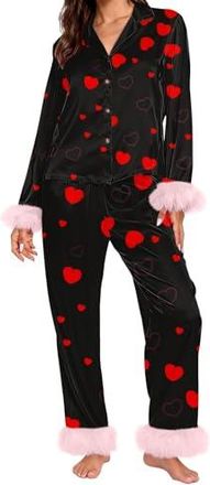 Generic Ensemble de pyjama 2 pi&egrave;ces en satin de soie pour femme avec bordure en plumes, chemise boutonn&eacute;e, pantalon de d&eacute;tente, ensemble de pyjama 2 pi&egrave;ces av
