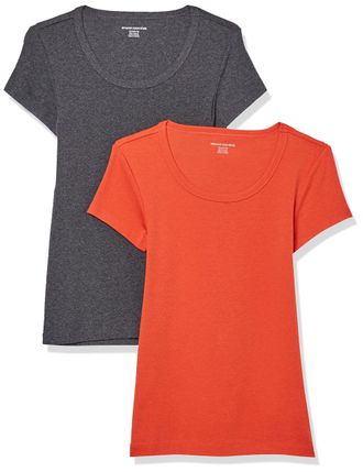 Amazon Essentials Damen T-Shirt mit Flügelärmeln und U-Ausschnitt in schmaler Passform, 2er-Pack, Dunkelgrau Meliert/Tomatenrot, XXL