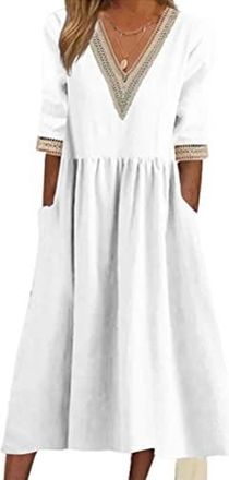 Onsoyours Femme Robe Dété Lin Ample Sport Décontractée Élégant Loisirs Vintage Col Rond avec Poche de Couleur Unie Midi