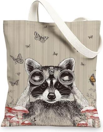 Generic Sacs fourre-tout réutilisables en toile de raton laveur, motif animal, vintage, nature légère, lavable, sacs en toile pour voyage, shopping, plage, 33