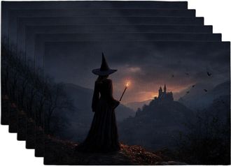 Generic Halloween Hexe Thema Tischsets Schwarz Gruselige Dekorative Tischsets für Esstisch rutschfest Waschbar Indoor Outdoor Party Platzset 6 Stück