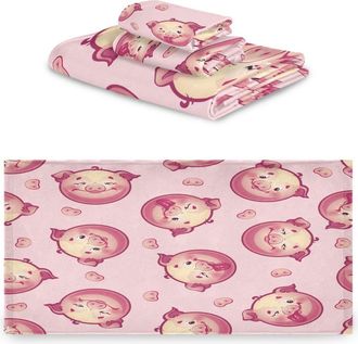 BEUSS Rosa Schweinchen Handtuchset für Badezimmer 100% Baumwolle(1 Badetuch & 1 Handtuch & 1 Waschlappen) Geruchsresistente hochsaugfähige Handtücher für Mä