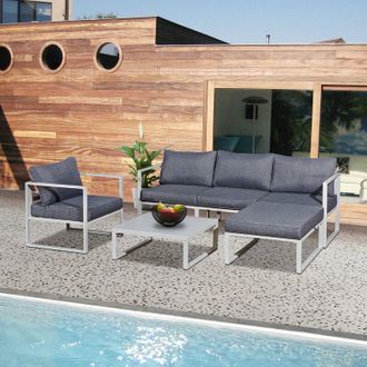M&S Collection Salon de jardin en aluminium 4 places - Canap&eacute; 3 places, fauteuil, pouf - Table basse rectangle 75x71cm - Coussins d&eacute;houssables d&eacute;perlants