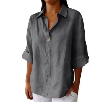 Generic Haut de printemps &agrave; manches 3/4 pour femme - D&eacute;contract&eacute; - Ample - Confortable - Col en V - Hauts de plage - Chemises en lin, gris, 4XL