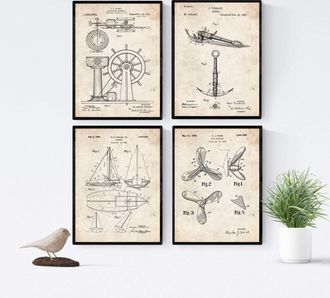 Nacnic Poster-Set, 4 Stück, mit Schiffspatenten, Erfindungen und alte Patente, Vintage, Format A3