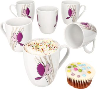 MamboCat Viola 6er Set Kaffeebecher I 350 ml I Porzellan-Becher mit Henkel & Blumen-Dekor für 6 Personen I Tassen für Heißgetränke wie Tee, Kakao & Co