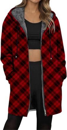 Generic 2026 Printemps Femmes Automne et Hiver Imprim&eacute; No&euml;l Veste mi-longue doubl&eacute;e polaire fermeture &eacute;clair, Rouge, 3XL